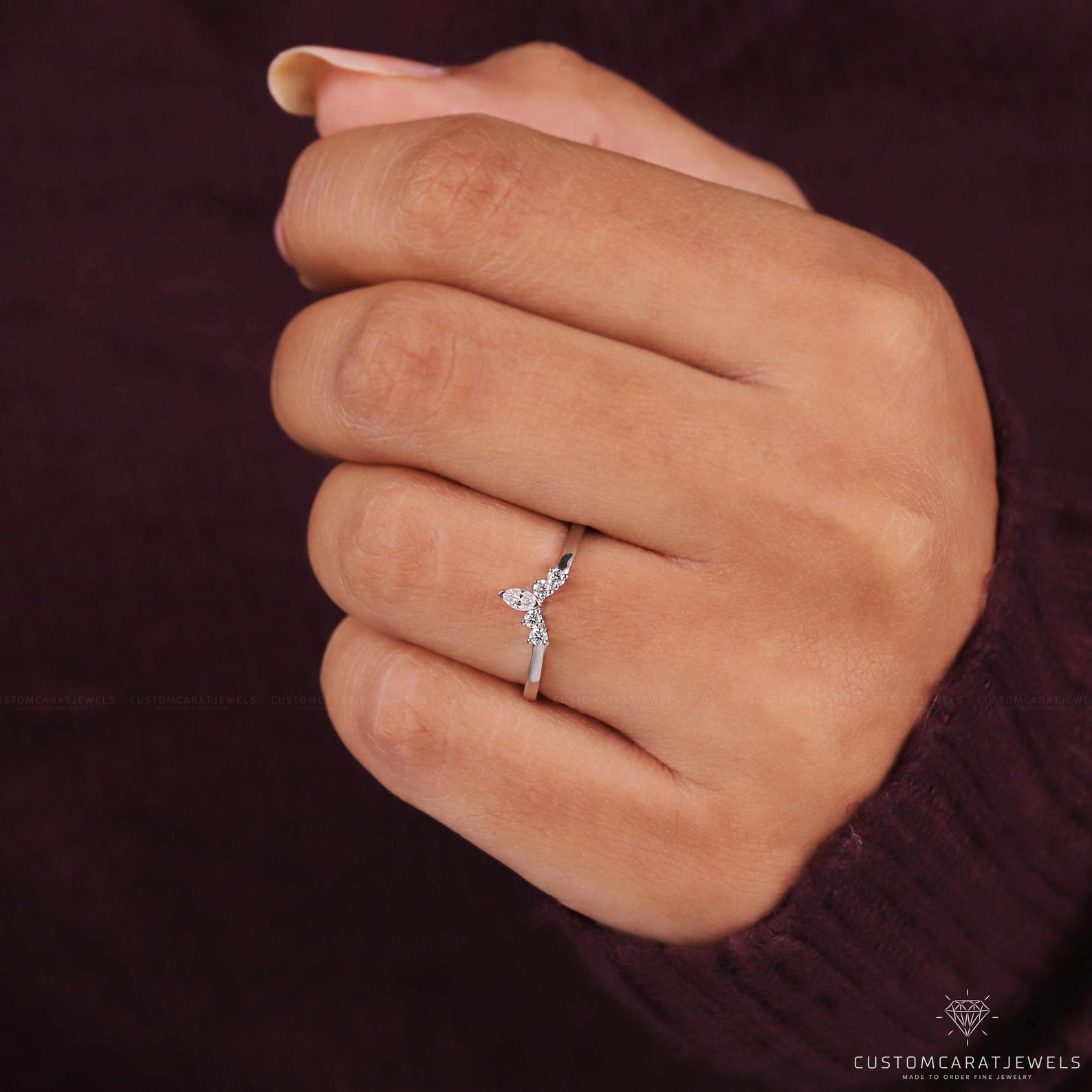 Vintage Curved Diamond Wedding Band, V Shaped Lab Grown Diamond Ring ...