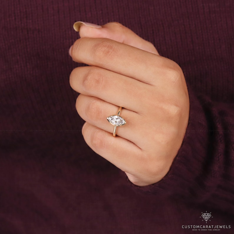 Georgian Style Button Back Marquise Lab Grown Diamond Ring, Claw Prong ...