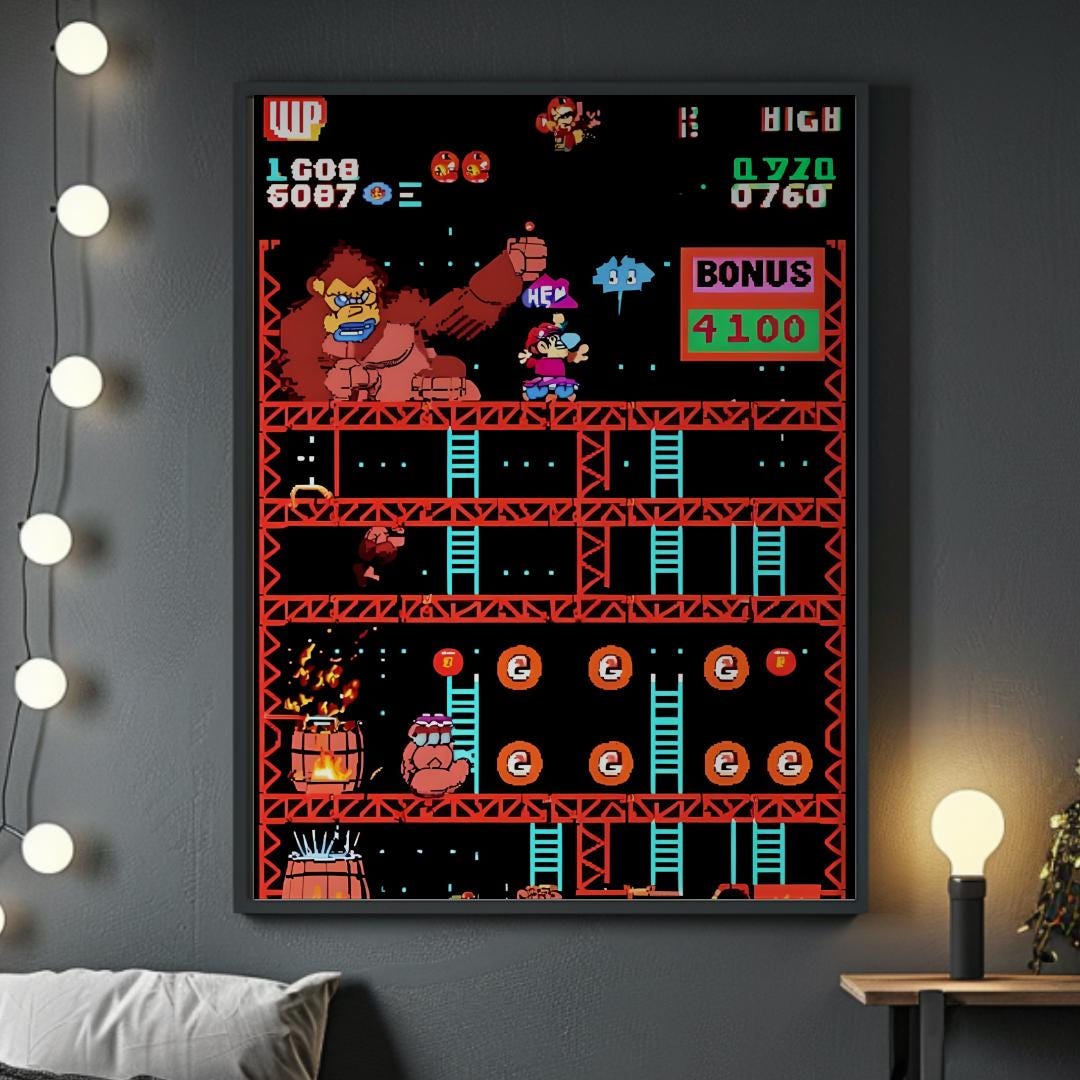 Retro Donkey Arcade Game Poster – Funny Mario Parody Wall Art – Vintage ...