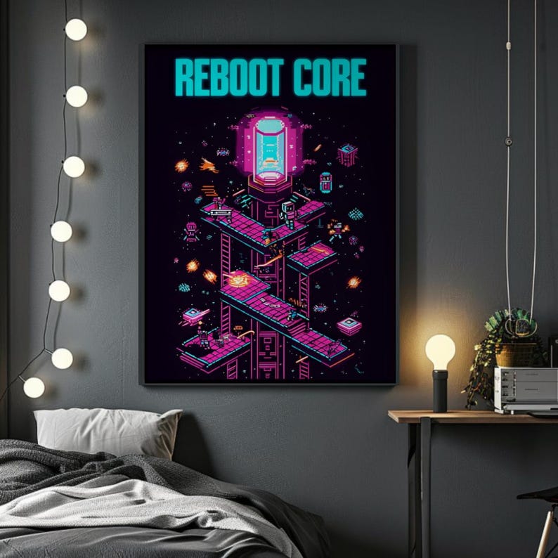 Vintage Games Pixel Art Poster ‘REBOOT CORE’ Cyberpunk Wall Art for ...