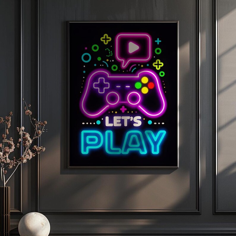 Retro Gaming Arcade Poster, Neon Game Controller Digital Print, Vintage ...