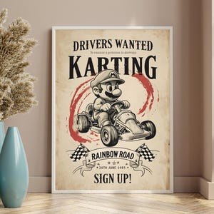 Retro Mario Racing Poster - Vintage Games Wall Art Racing Game Print ...