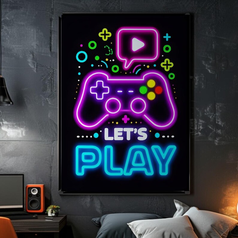Retro Gaming Arcade Poster, Neon Game Controller Digital Print, Vintage ...