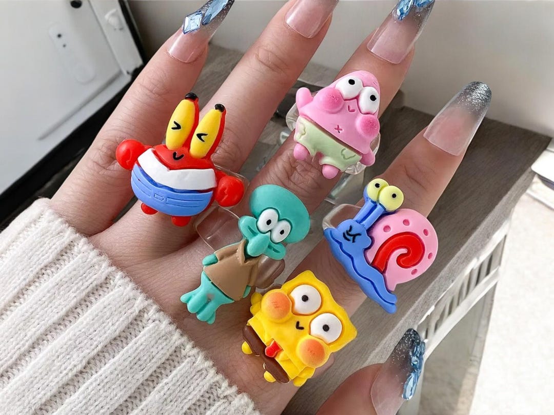 Spongebob Character Ring Set – Cute Plastic Cartoon Rings for Kids ...