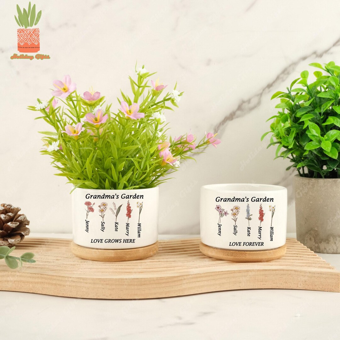 Custom Grandma's Garden Plant Pot, Personalized Birth Flower Succulent ...