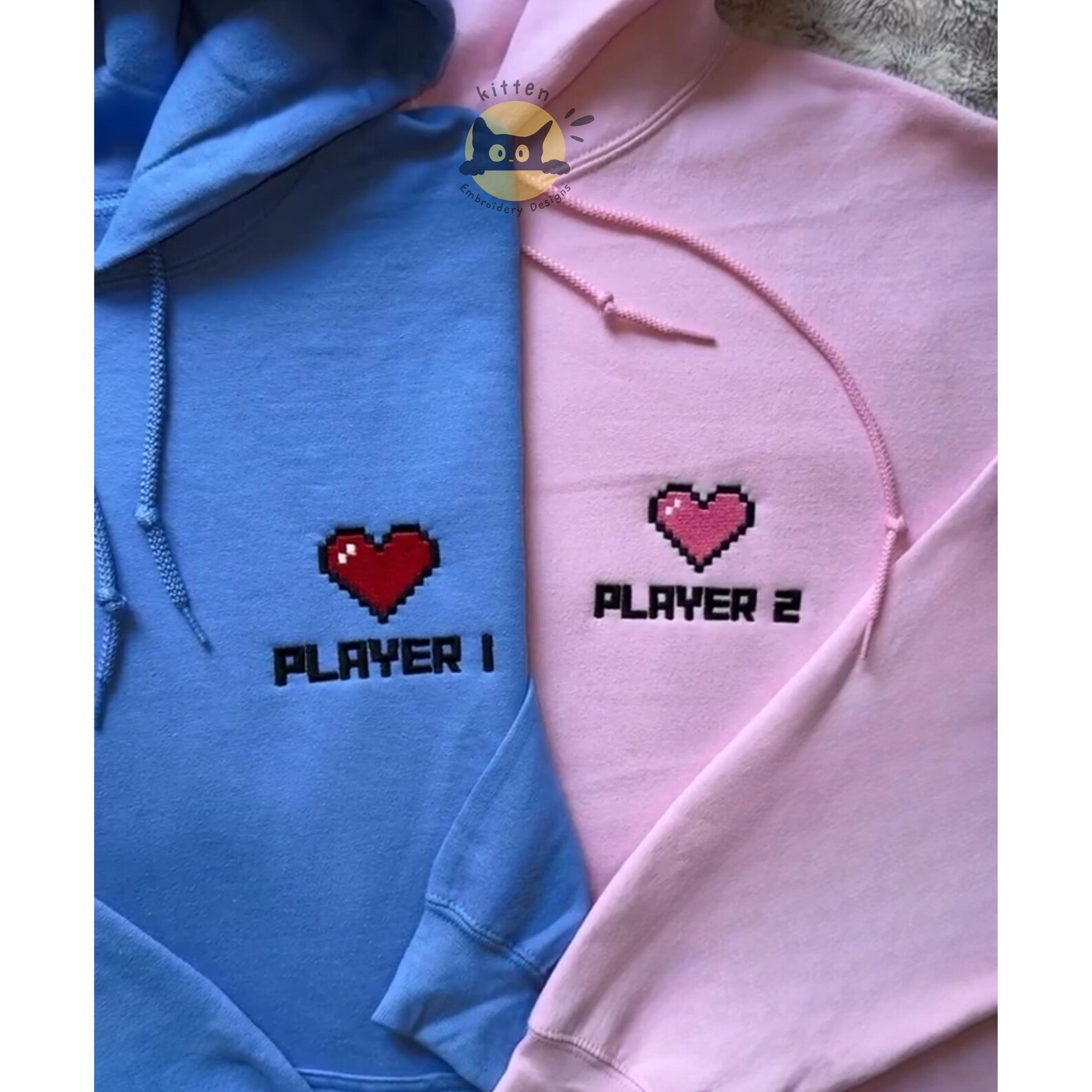 Embroidered Player Pixel Hearts Matching Couples Hoodie or Sweatshirt ...