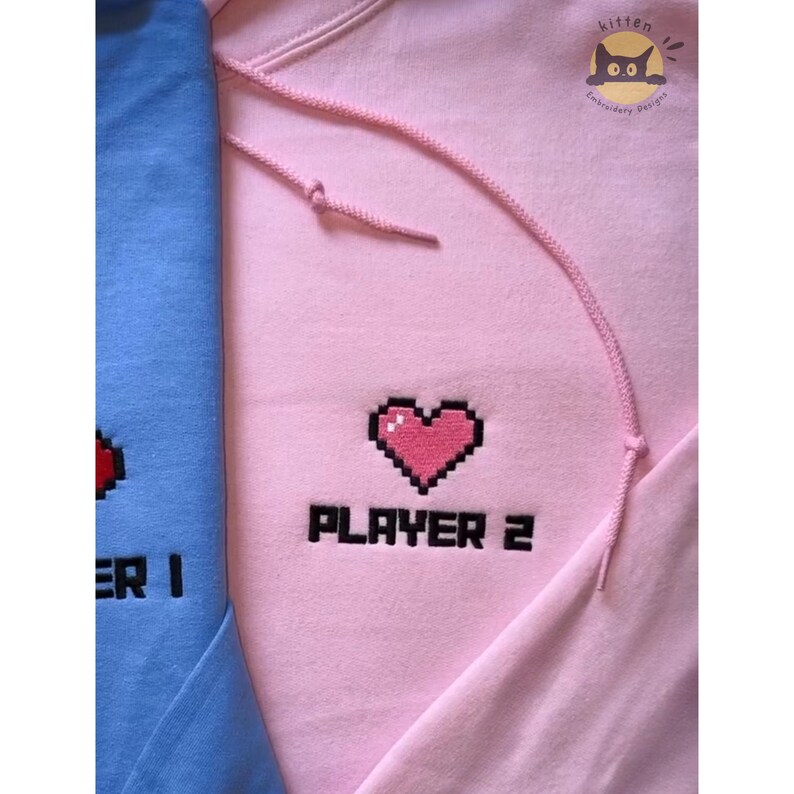 Embroidered Player Pixel Hearts Matching Couples Hoodie or Sweatshirt ...
