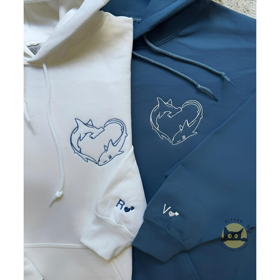 Embroidered Shark Heart Matching Couples Shirt, Personalised Trendy ...