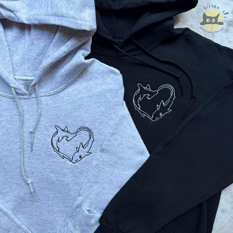 Embroidered Shark Heart Matching Couples Shirt, Personalised Trendy ...