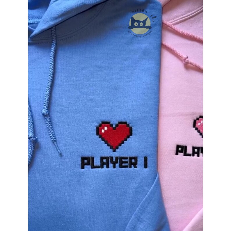 Embroidered Player Pixel Hearts Matching Couples Hoodie or Sweatshirt ...