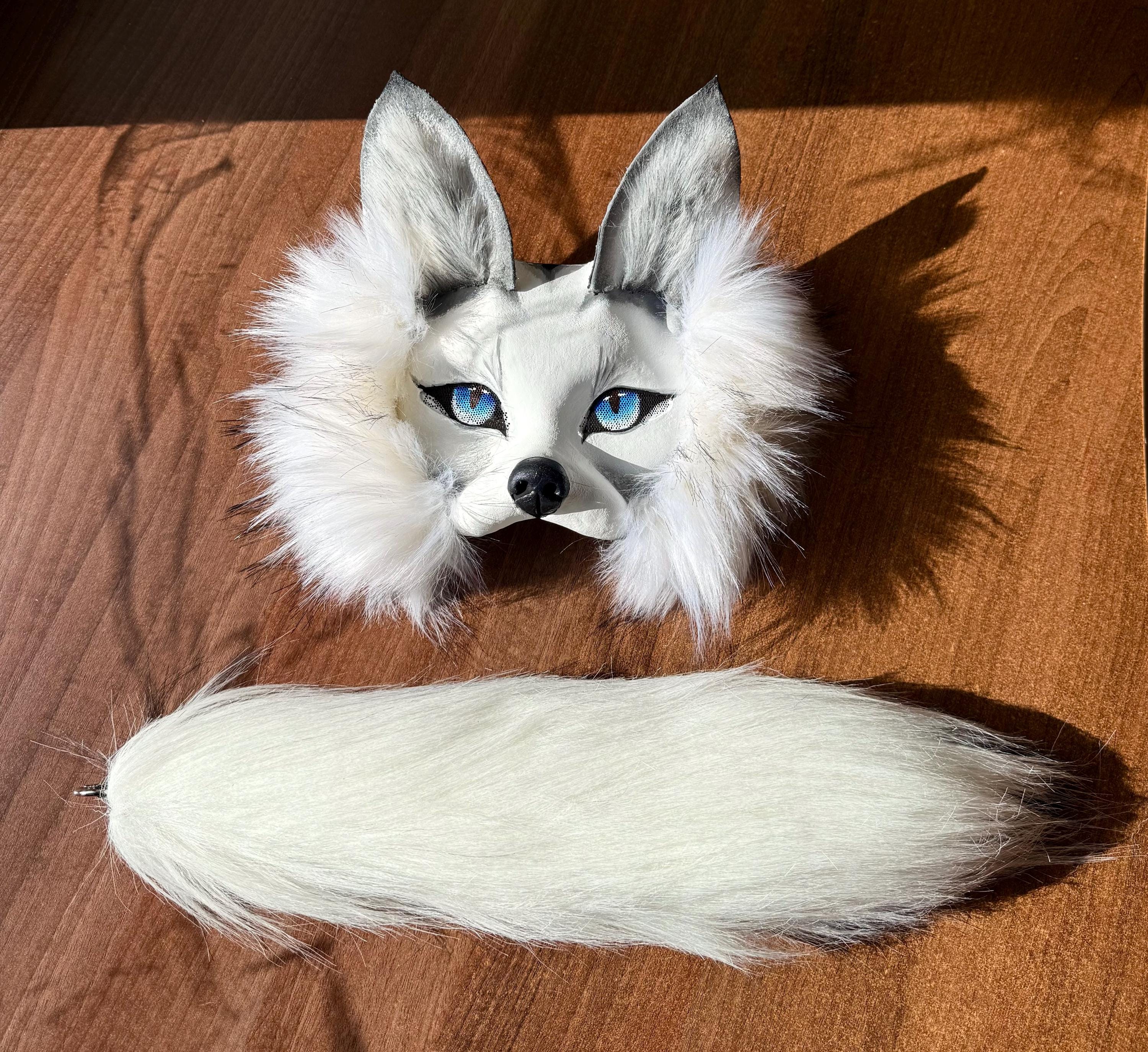 Therian Fox Mask and Tail, Faux Fur Tail, White Fox, Animal Furry Tail ...