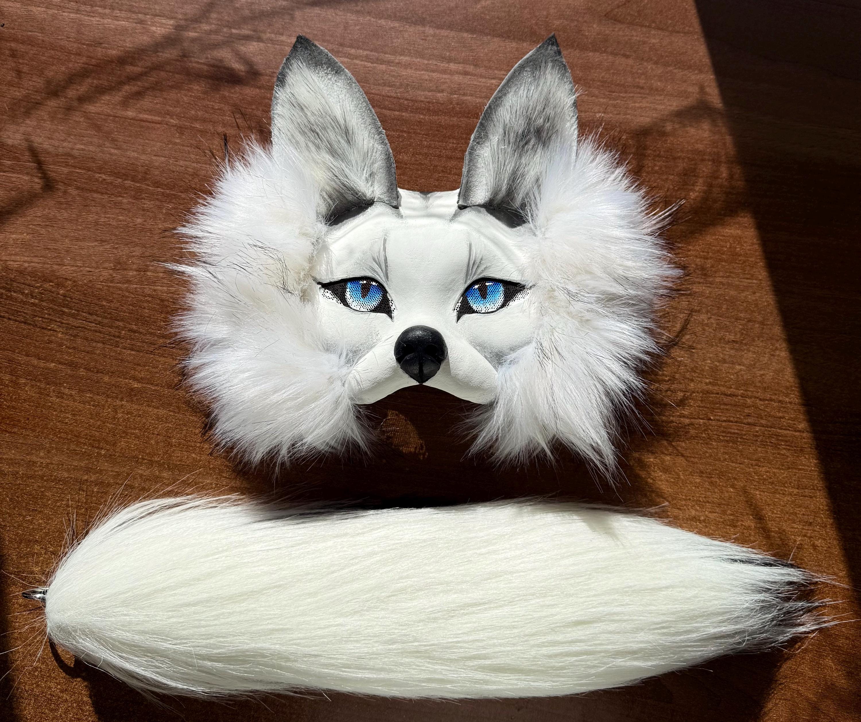 Therian Fox Mask and Tail, Faux Fur Tail, White Fox, Animal Furry Tail ...