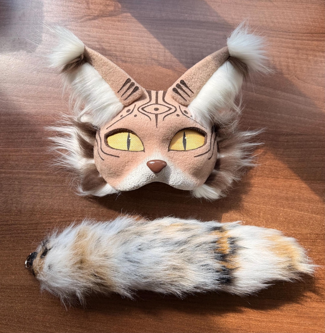Handmade Desert Cat Mask and Faux Fur Tail, for Therians, Furries ...