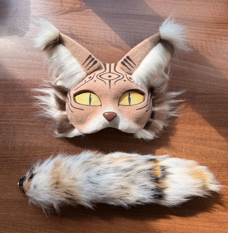 Handmade Desert Cat Mask and Faux Fur Tail, for Therians, Furries ...