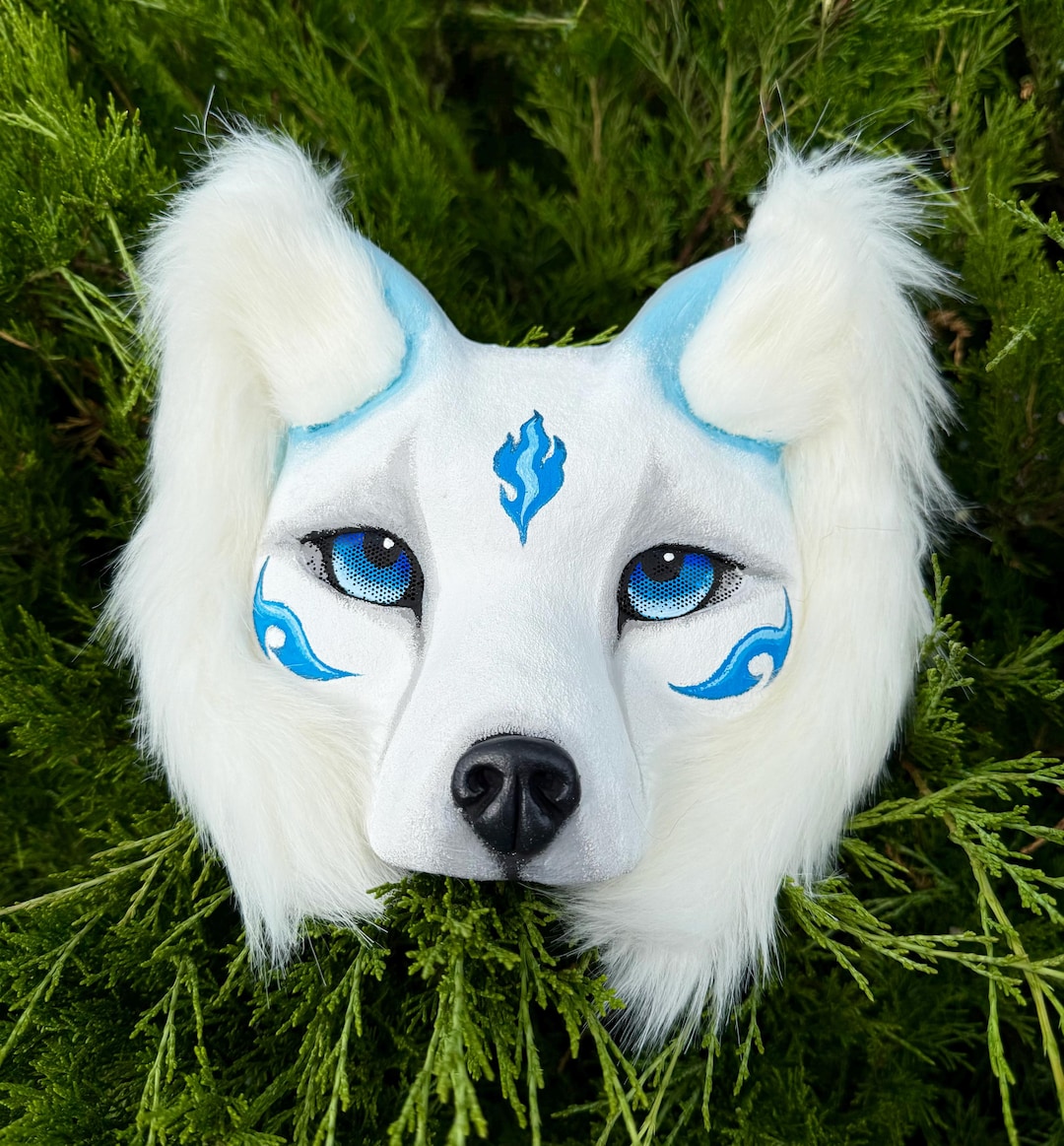 Blue Flame Wolf Mask – Handmade Elemental Therian Mask – Cosplay Furry ...