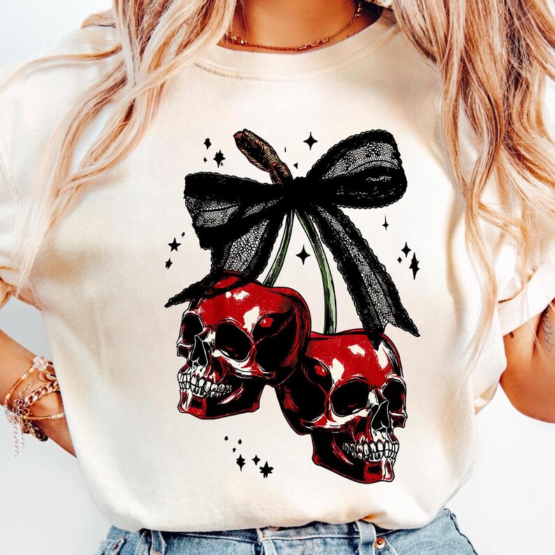 Skull Cherry Png, Gothic Cherry Bow Png, Halloween Vibes Png, Coquette ...