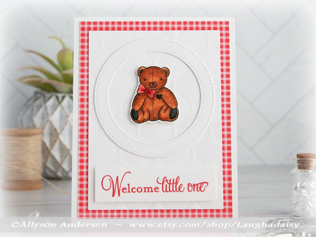 Teddy Bear Card Baby Shower Card Welcome Little One Card Bow Tie Card ...