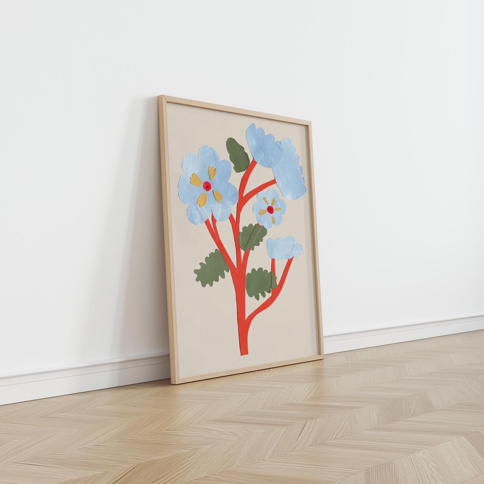 Flowers Collage Art Print, Blue Painted Flower Poster, Wildflower Wall ...