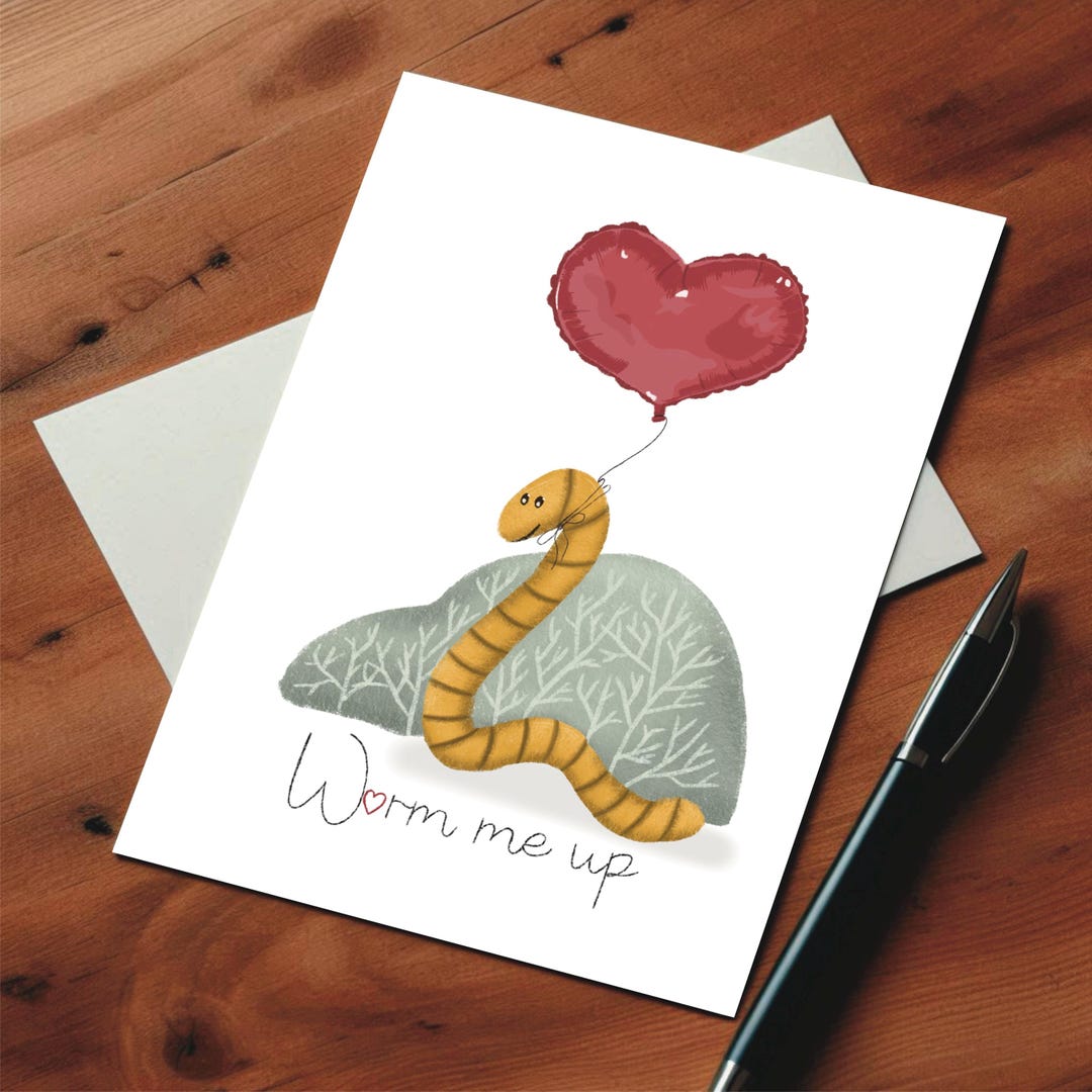 Hand-drawn Worm Valentines Postcard With Envelope - Etsy
