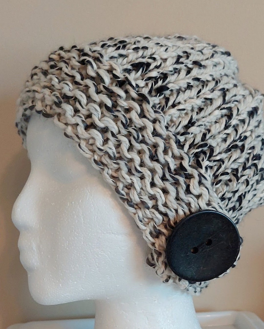Black and White Winter Hat, Knit Hat, Button Hat, Hand Made Winter Hat ...