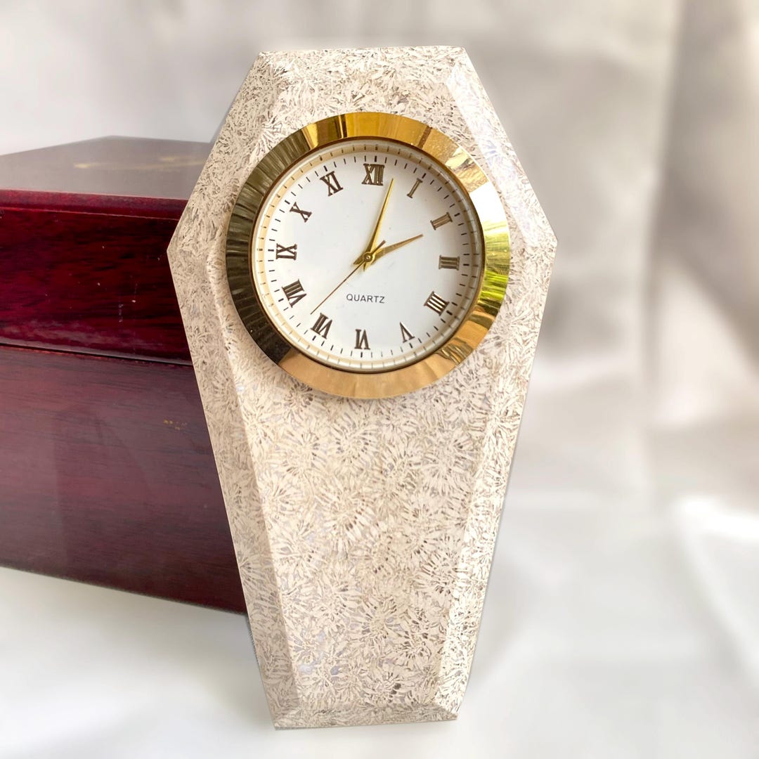 Natural Gemstone Desk Clock With Brass Stand - Fossil Coral Goddess ...