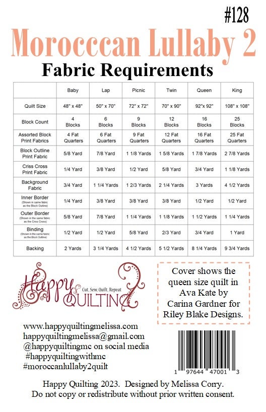 Moroccan Lullaby 2 PAPER Quilt Pattern Fat Quarter Friendly in 6 Size ...