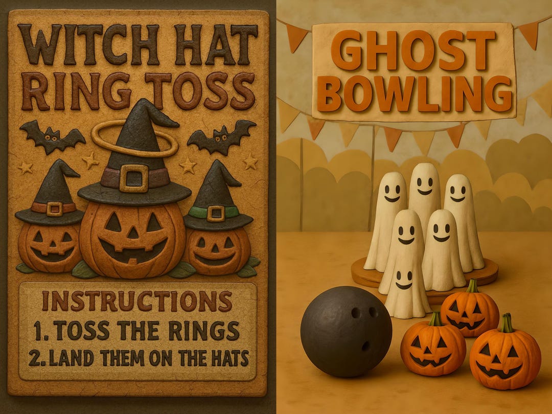 Halloween Games Poster: Witch Hat Ring Toss & Ghost Bowling (digital ...