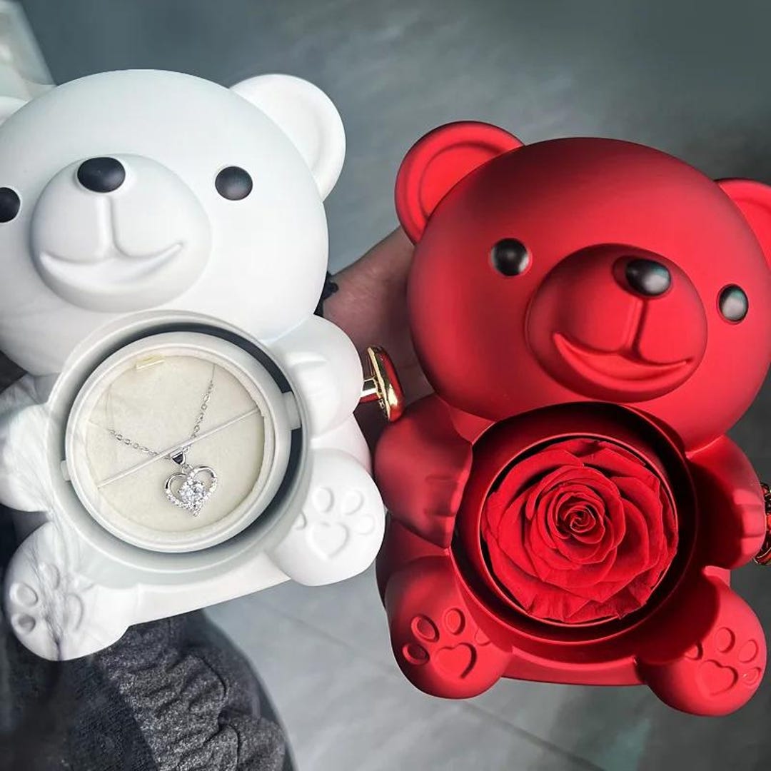 Eternal Rose Teddy Bear Gifts Box With Necklace Rotate Rose Jewelry Box ...