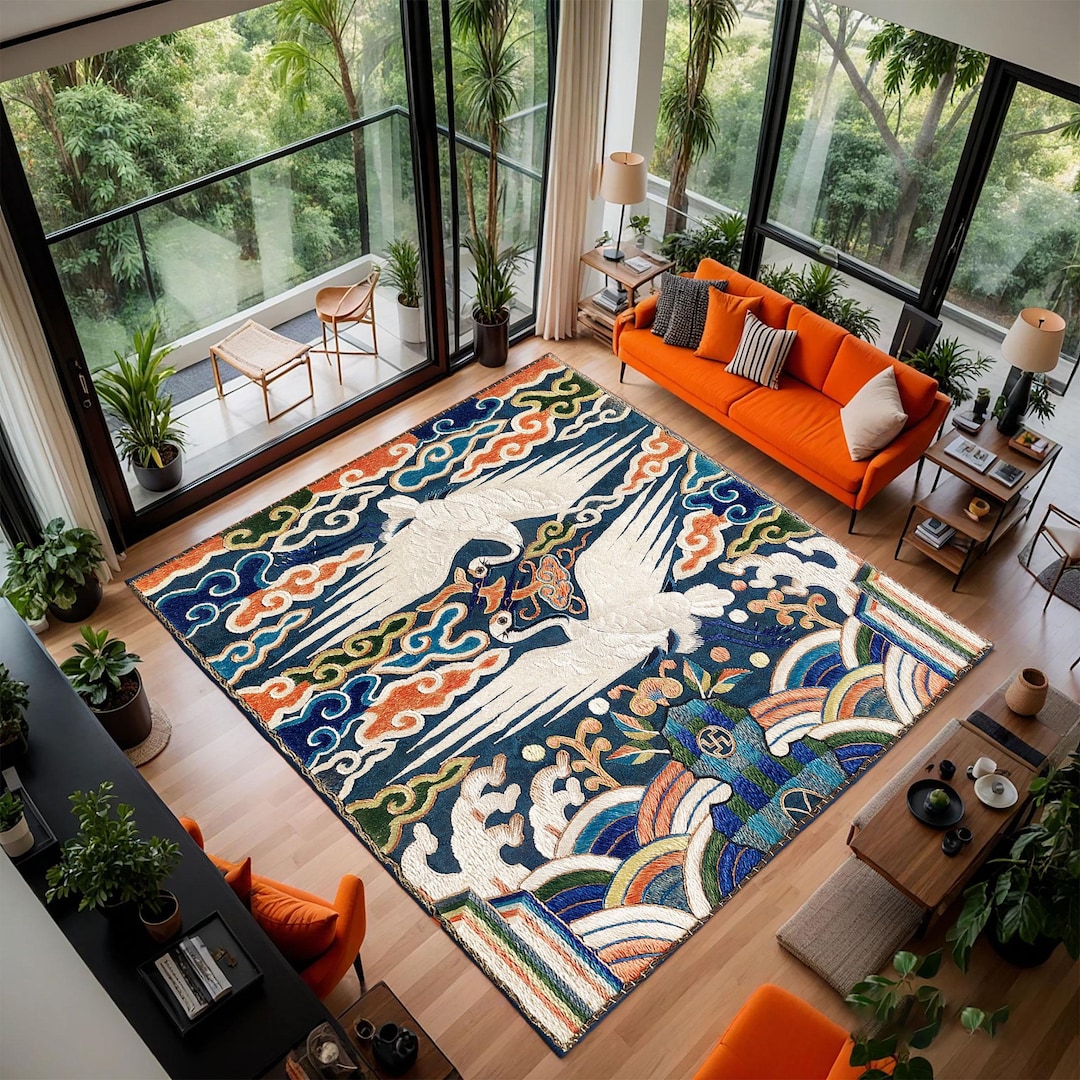 Vintage Korean Crane Embroidery Rug: Joseon Dynasty Textile Art, Living ...