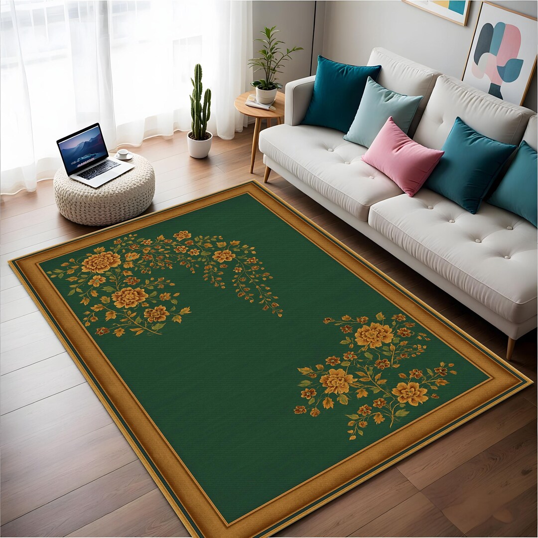Vintage Green Floral Rug – Boho Oriental Rug, Traditional Botanical ...