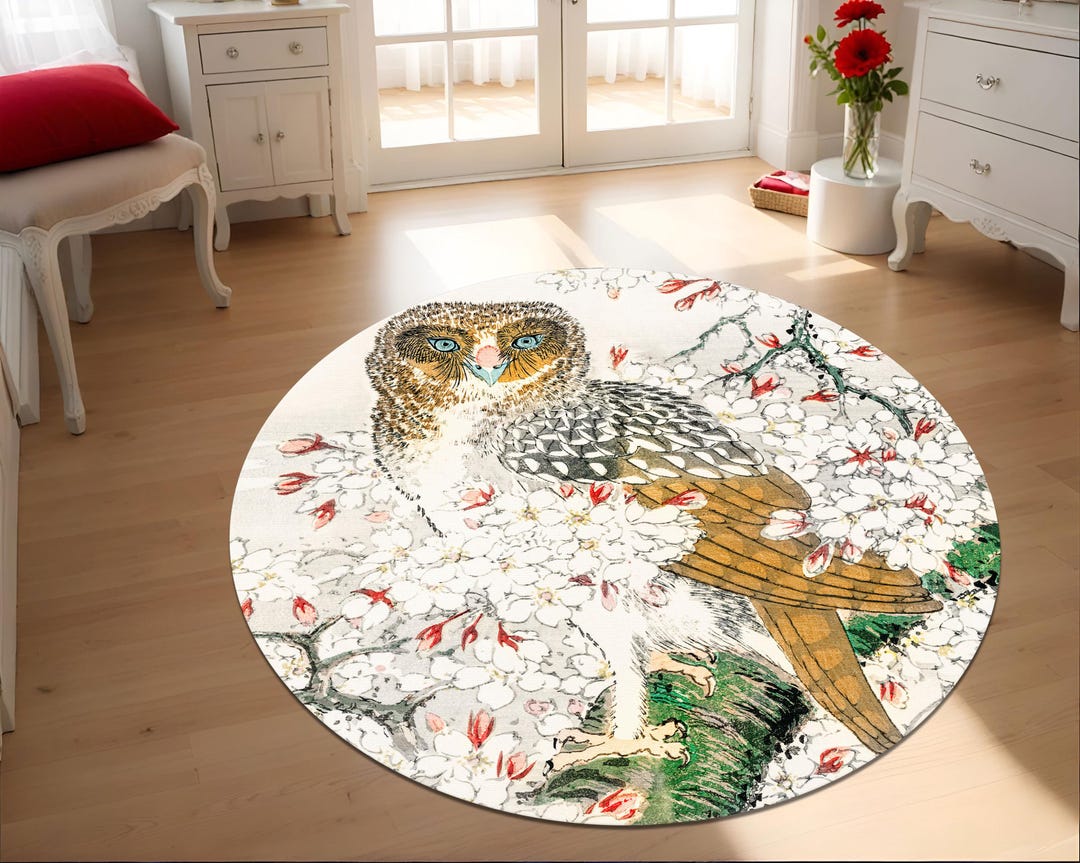 Japanese Owl Round Rug: Cherry Blossom Sakura Art, Boho Decor - Etsy