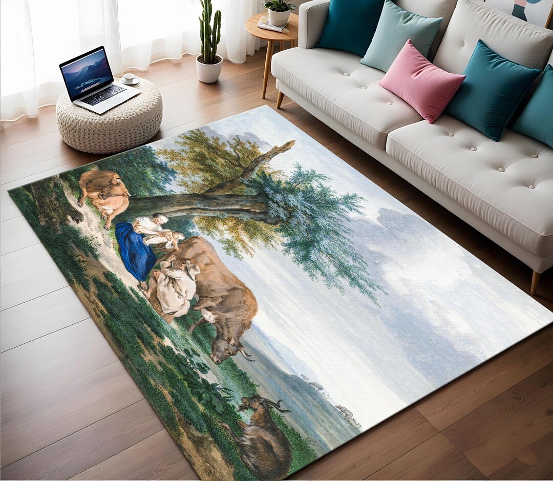 Vintage Farm Landscape Rug: Peasant Woman, Child & Cattle - Etsy