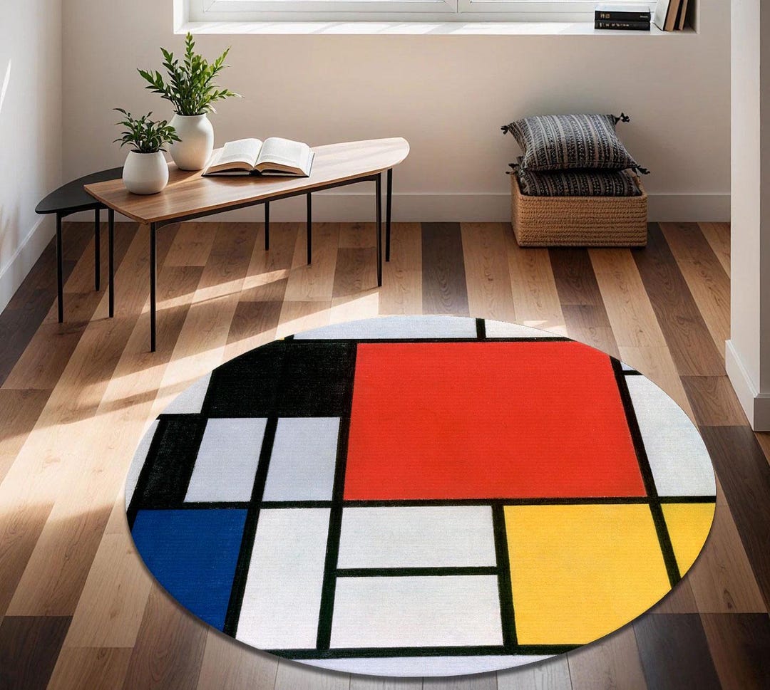 Mondrian Art Round Rug: Bamboo Fiber, Modernist Design - Etsy