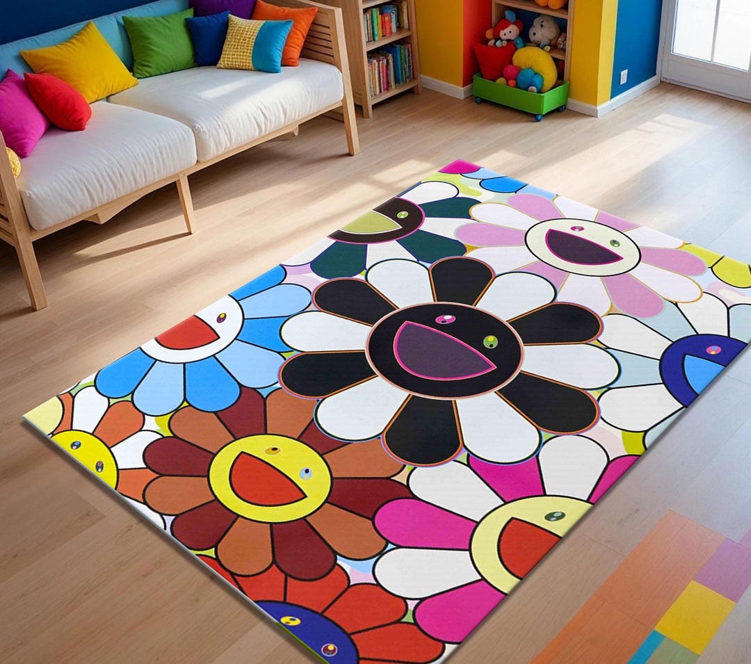 Flower Art by Takashi Murakami, Bamboo Rug, Kids Room Rug, Flower Art ...