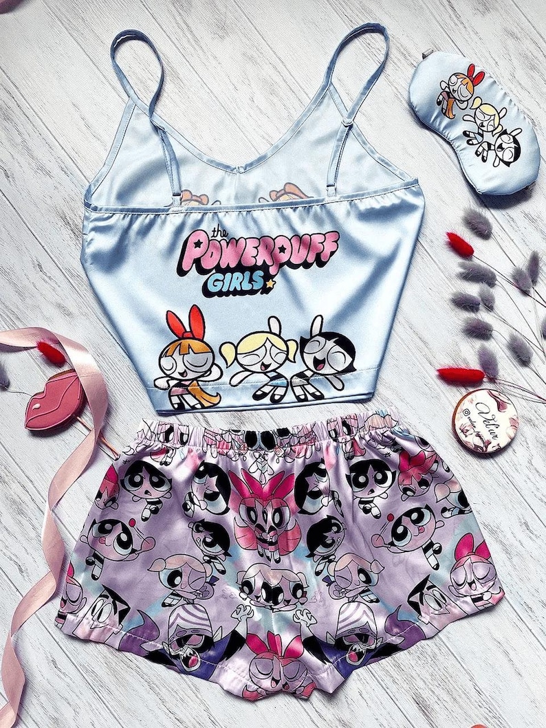Women's Silk Pajamas Shorts and Tank Top With Powerpuff Girls Print ...