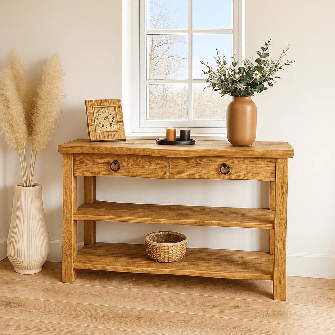 Solid Wood Console Table With Drawers and Shelves, Rustic Wooden ...