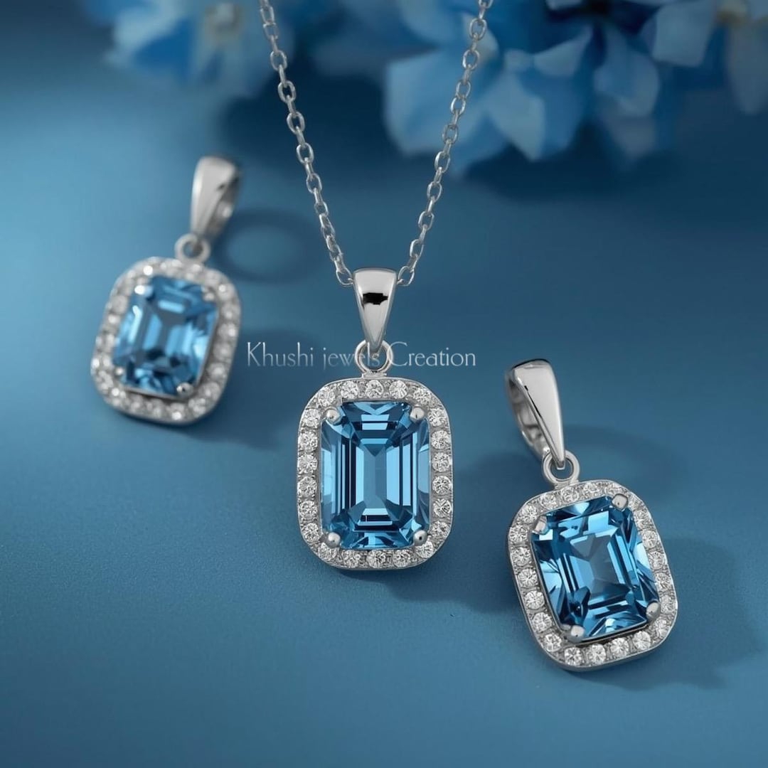 Real Emerald Cut London Blue Topaz Pendant: Sterling Silver & CZ ...