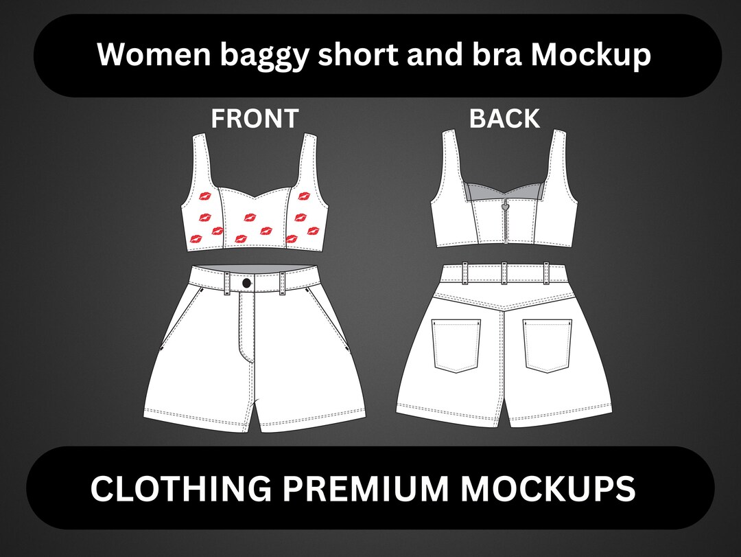 Baggy Jean Shorts Vector & Women’s Bralette Bustier Mockup | Sweetheart ...