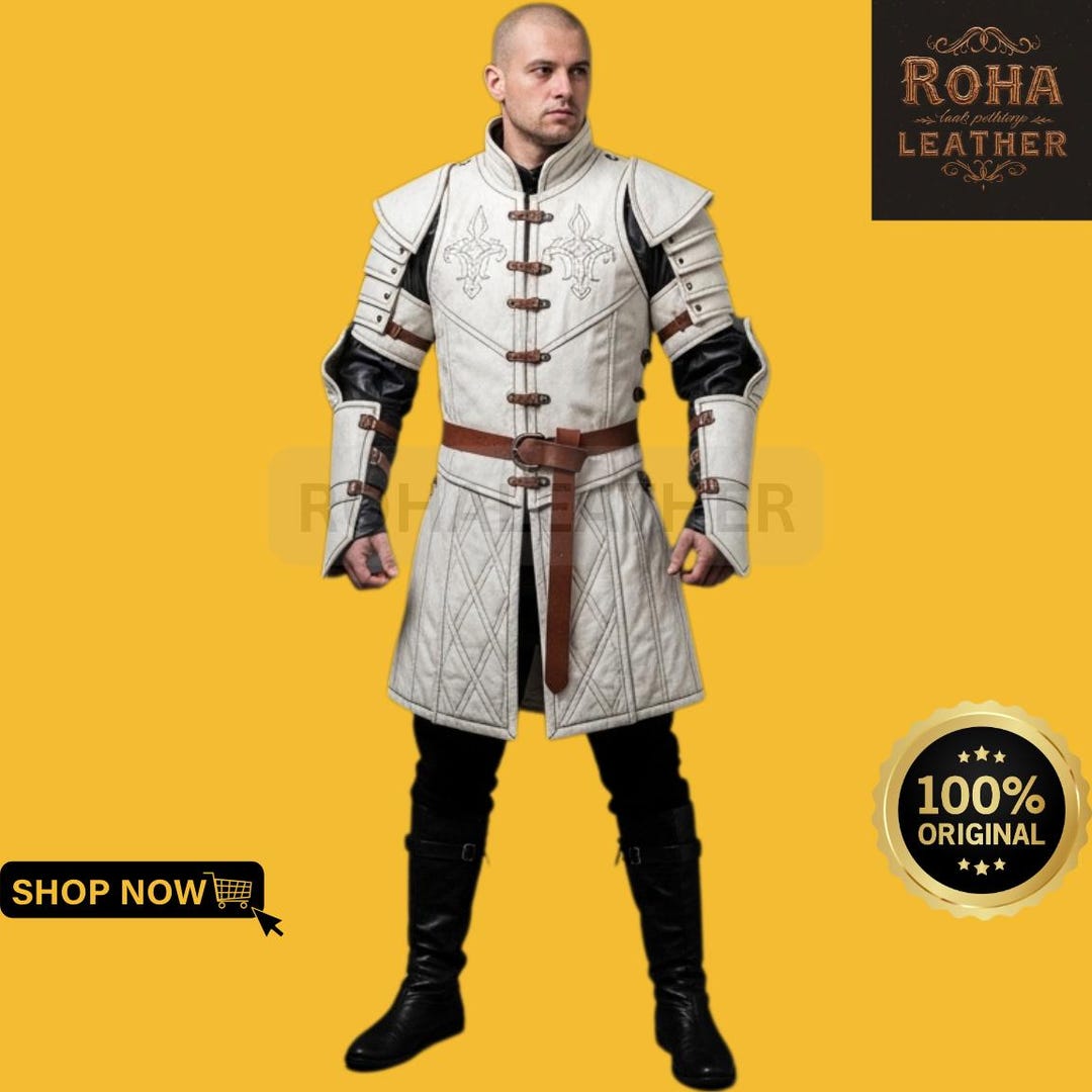 White Medieval Armor Coat – Warrior Emblem Cosplay Trench - Fantasy ...