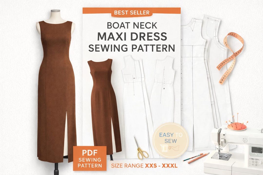 Midi Dress Sewing Pattern PDF | Sleeveless Boat Neck, XXS-XXXL - Etsy