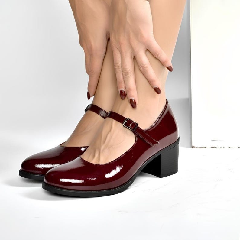 Women Mary Janes Shoes, Burgundy Patent Handmade Shoes, Women Low Heels ...