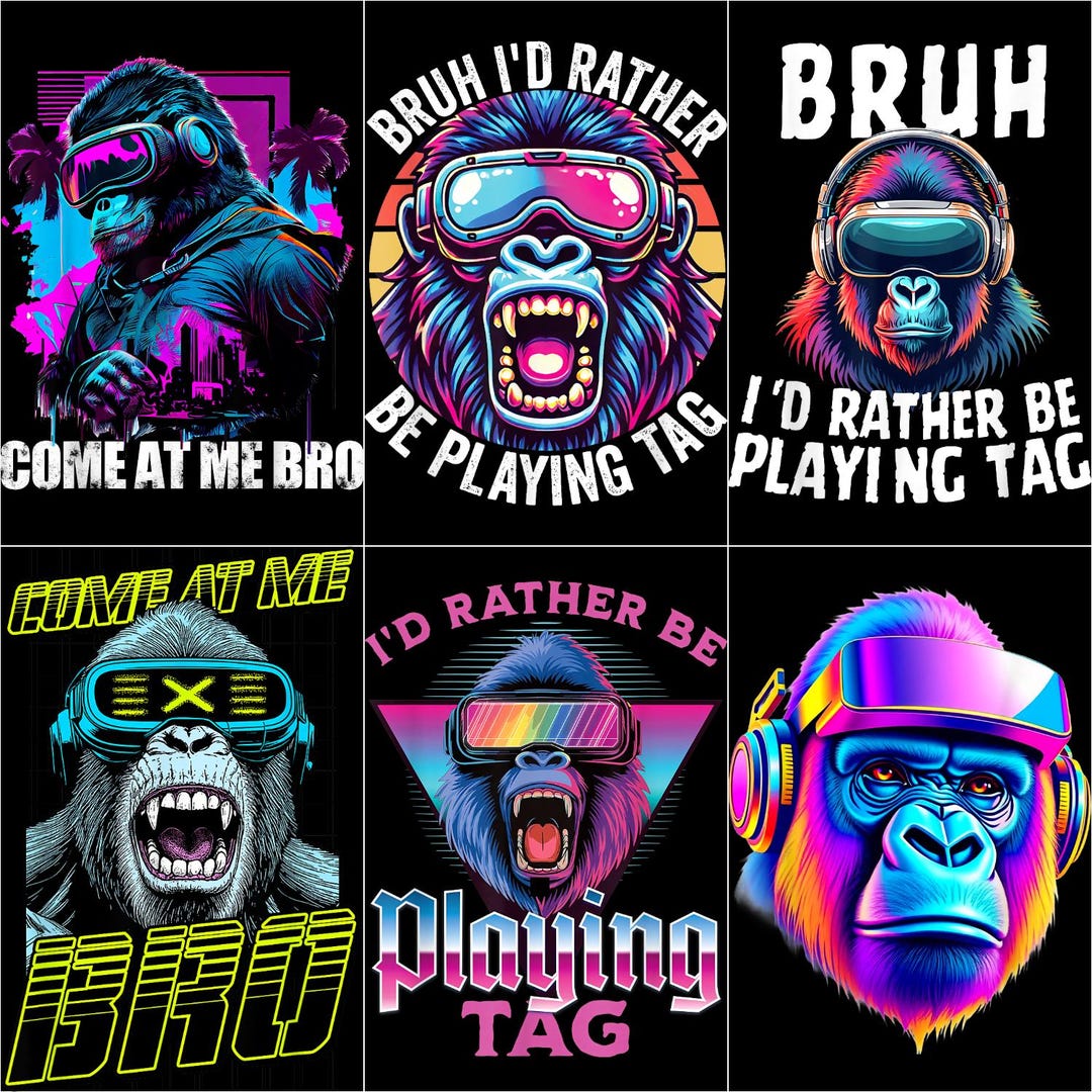 Cyberpunk Gorilla Gaming PNG Design Bundle - Retro VR Ape Digital File ...