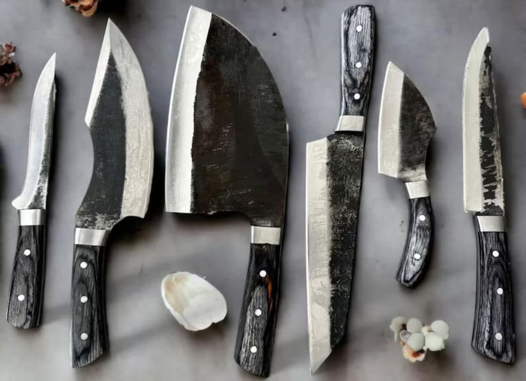 Hand Forged Butcher Knife Set, Rustic Full Tang Cleaver Chef Knives ...