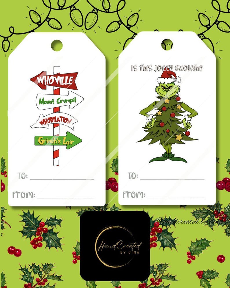 Grinch Christmas Gift Tags - 12 Hand-drawn to From Labels With String ...