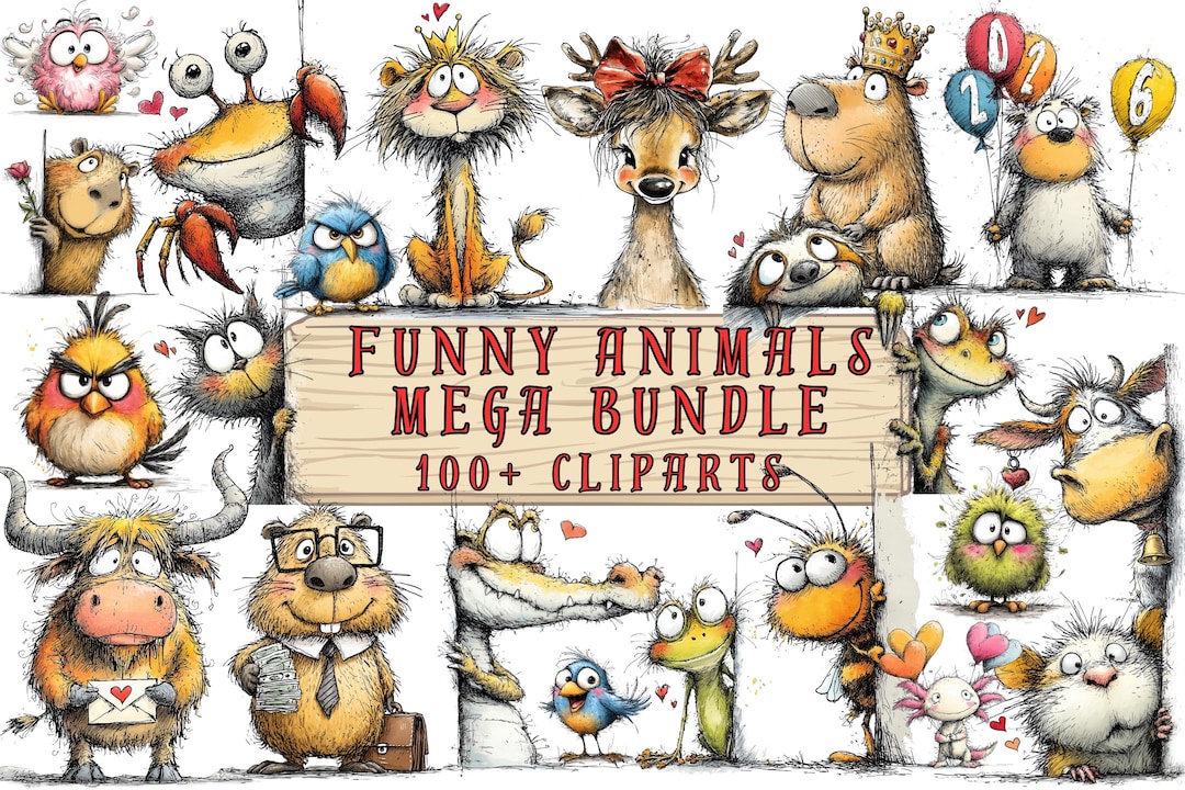 Funny Animals Mega Bundle Clipart 100+ | Cute Hand Drawn Animals PNG ...