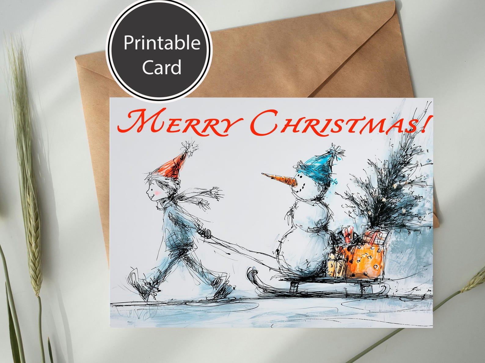 Set of 5 Printable Christmas Cards | Hand-drawn Sketch Watercolor ...