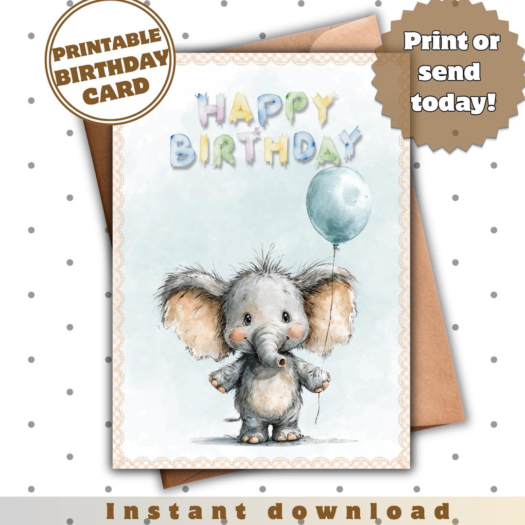 Watercolor Elephant Birthday Card Printable, Cute Elephant Card, Kids ...