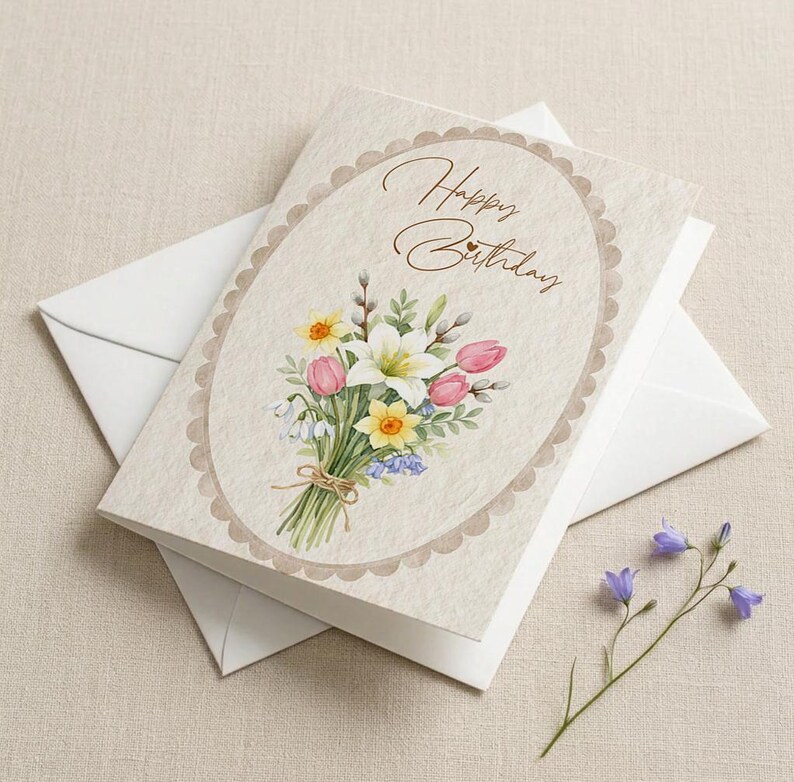 Printable Birthday Card Flowers, Watercolor Floral Card, Spring Bouquet ...