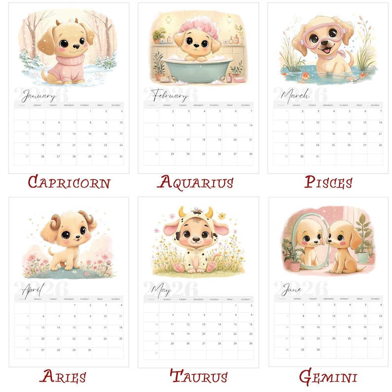2026 Puppy Calendar Printable Gift, Cute Labrador Zodiac Calendar PDF ...