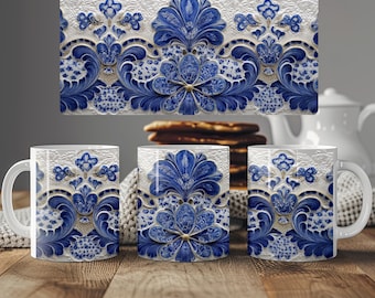 Cobalt Blue Baroque Mug Wrap PNG | 3D Porcelain Floral Design | 11oz ...
